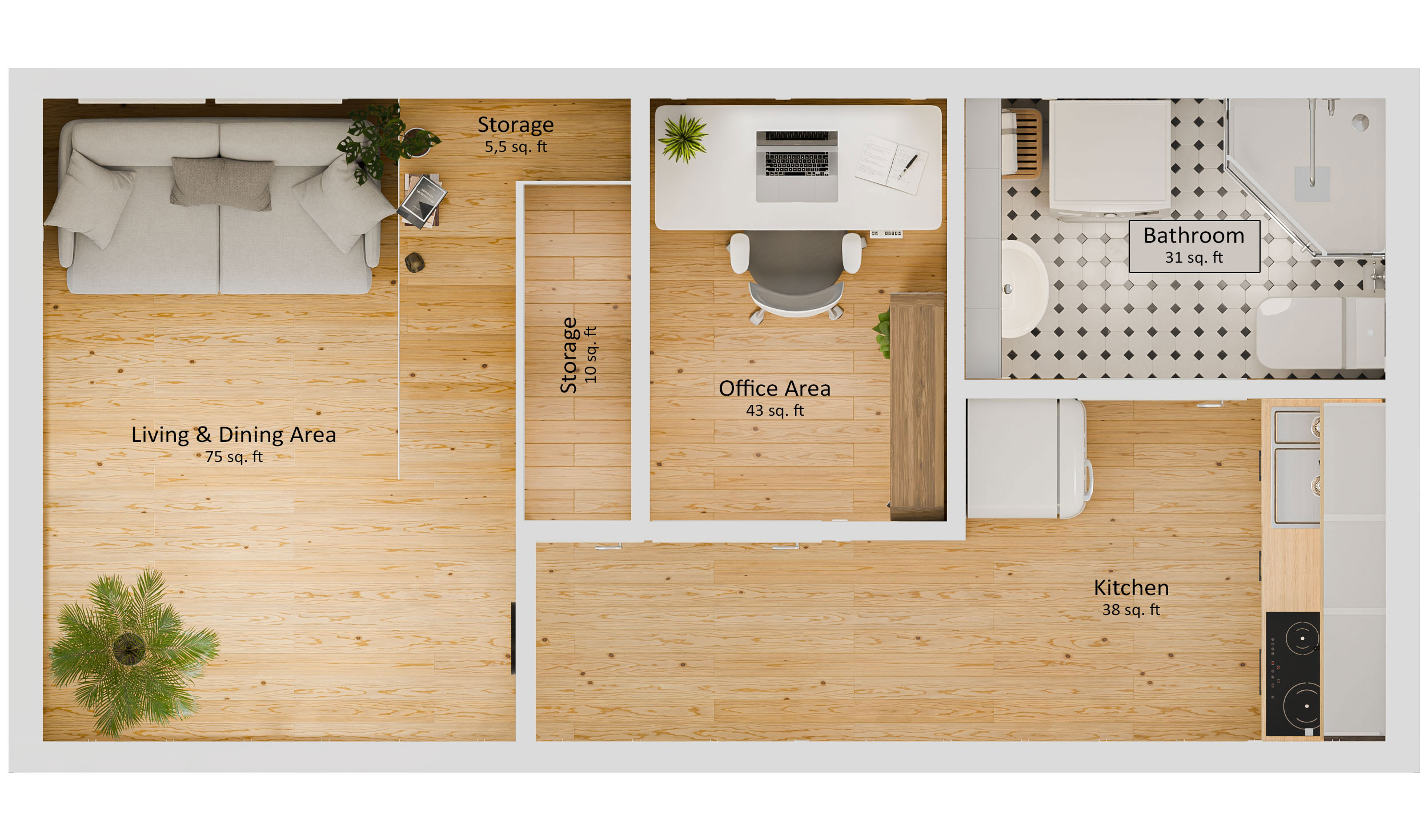 350 Sq Ft Modern Tiny House Plan with Loft - Smallhouseplan.com